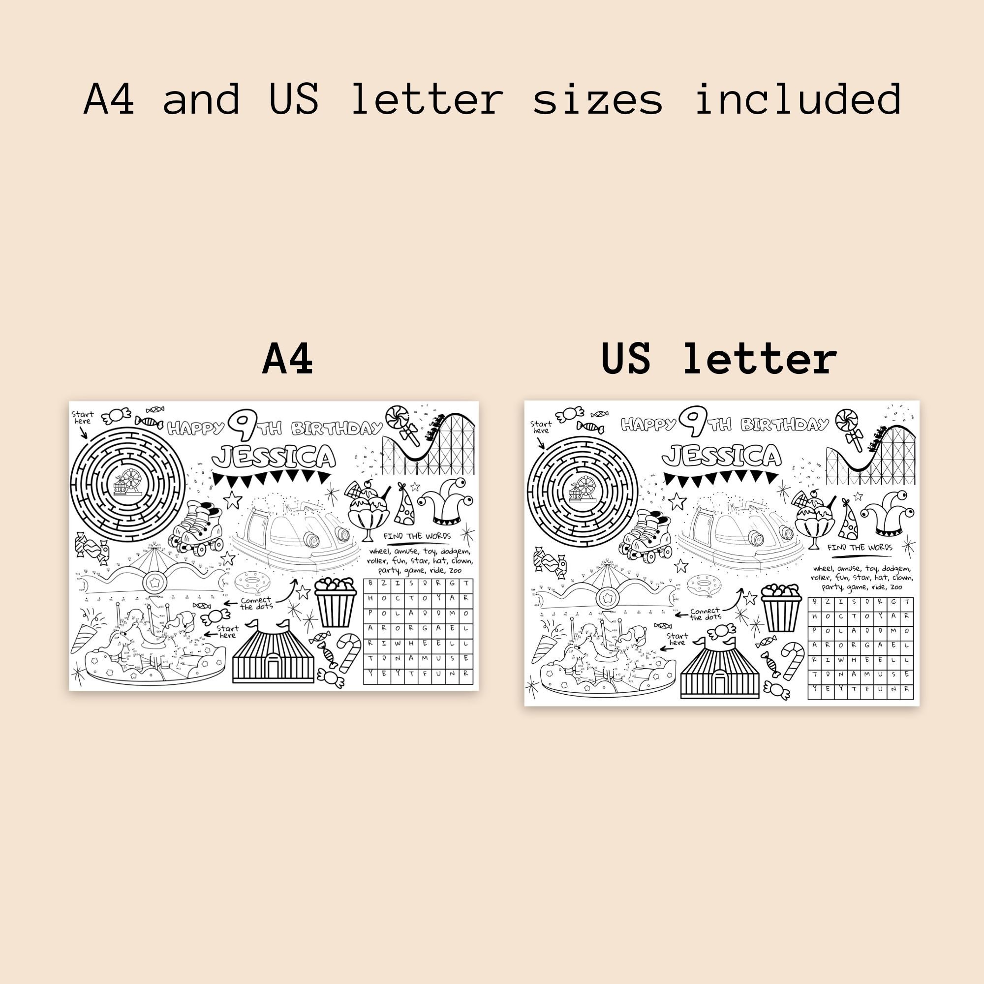 EDITABLE Kids Party Amusement Park Themed Activity Sheet, Personalized ...