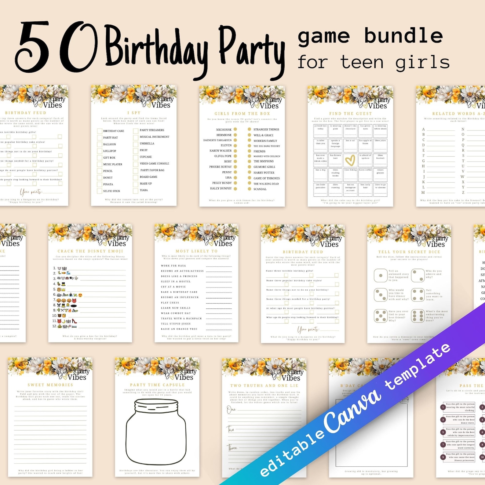 50pc Ultimate Teen Girls Party Games Bundle, Printable Games for Her ...