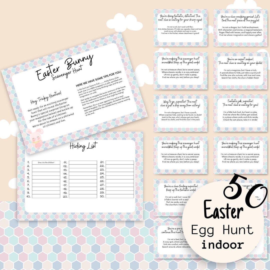Printable Kids Indoor 50 Clue Easter Riddle Scavenger Hunt, Instant ...