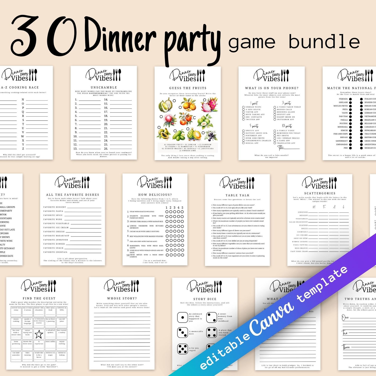 30pc Adult Dinner Party Games Bundle, Printable Family Gaming Bundle ...