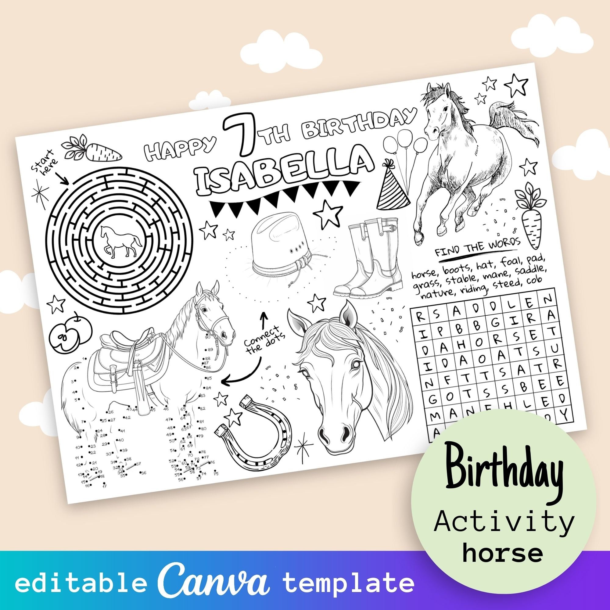 EDITABLE Kids Party Horse Themed Activity Sheet, Personalized Birthday ...