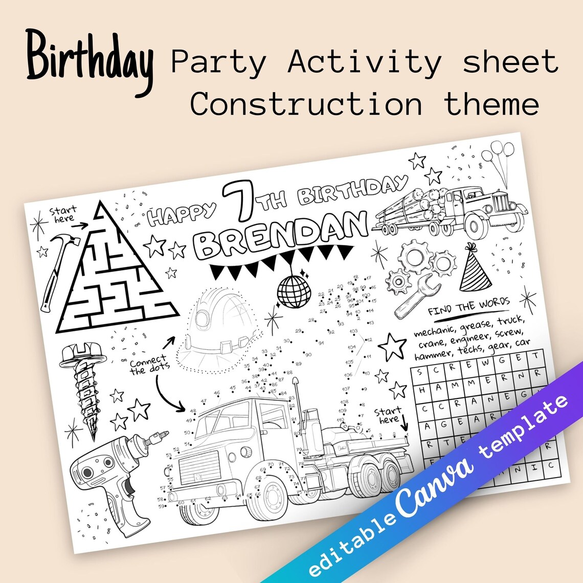 EDITABLE Kids Party Consturction Themed Activity Sheet, Personalized ...
