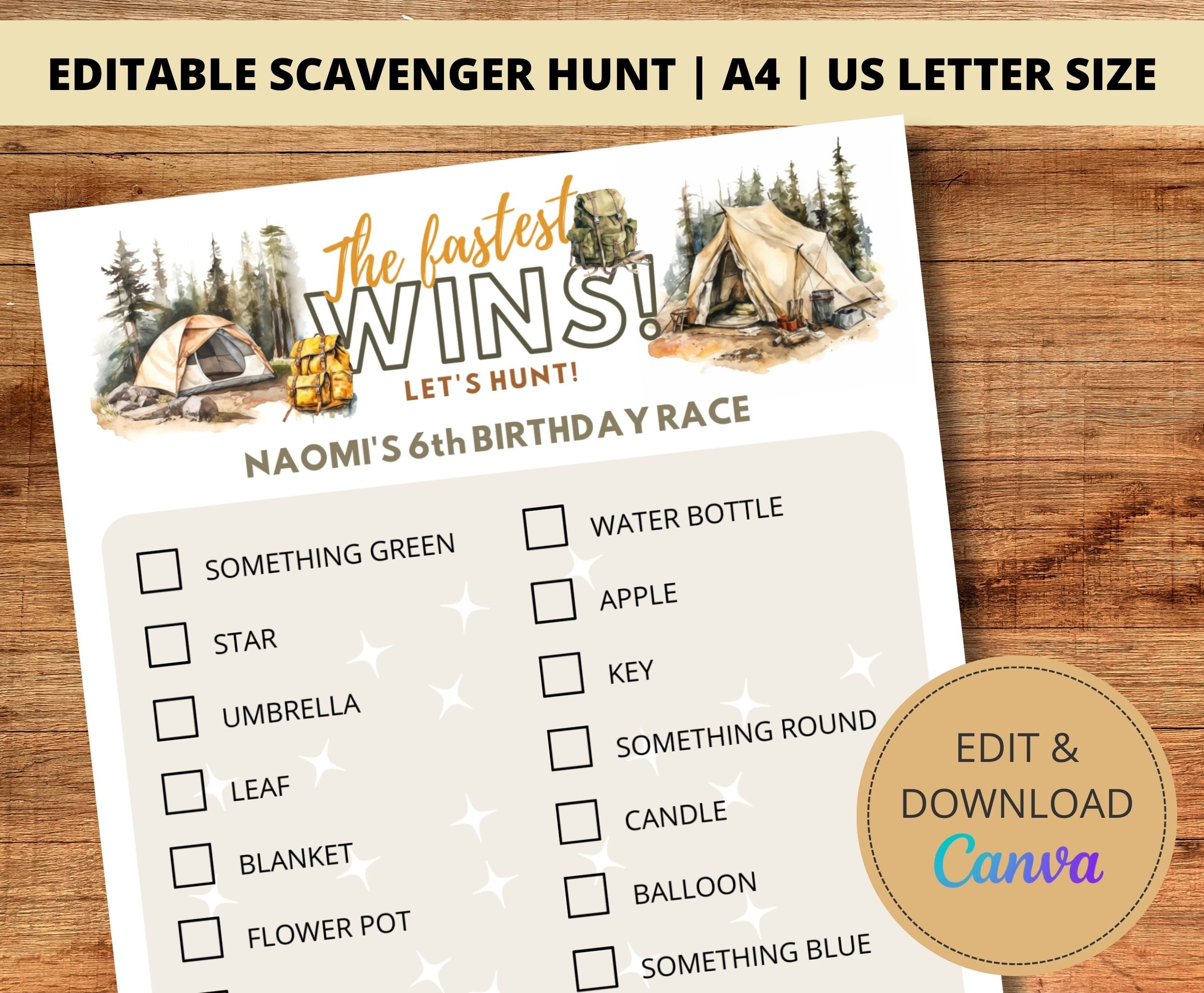 Fully Editable Printable Scavenger Hunt Template, Personalizable Party ...