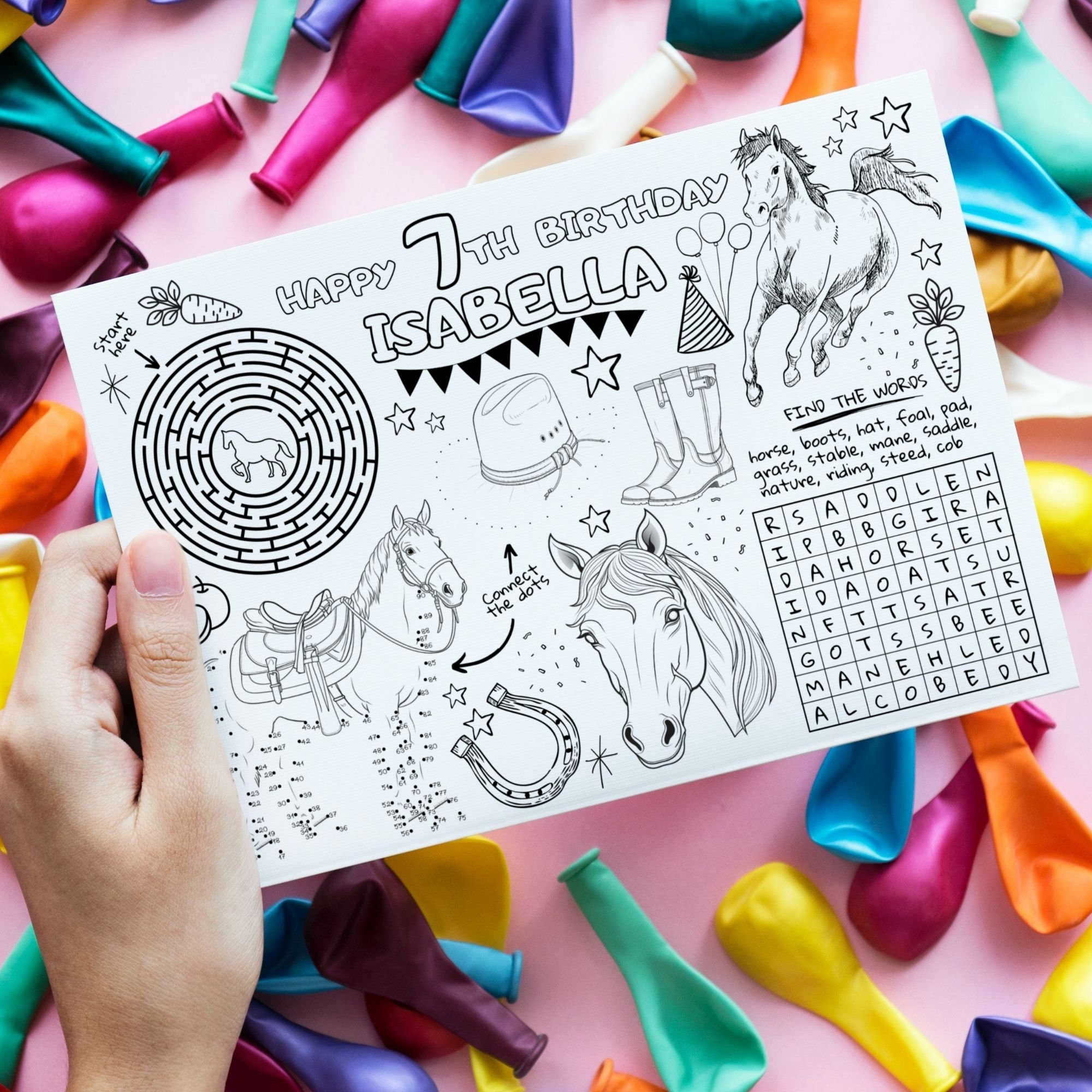 EDITABLE Kids Party Horse Themed Activity Sheet, Personalized Birthday ...