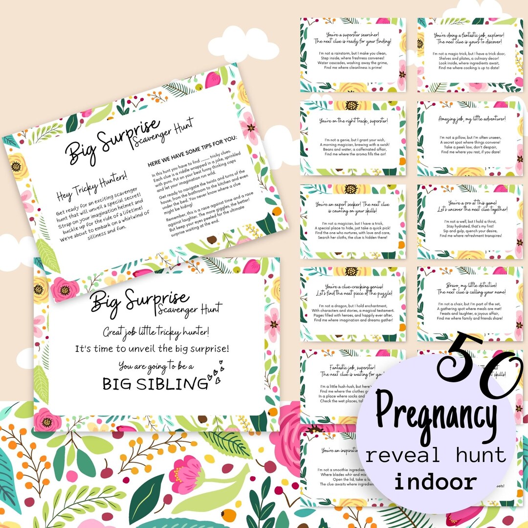 Pregnancy Reveal Indoor Scavenger Hunt for Siblings, Treasure Hunt Clue ...