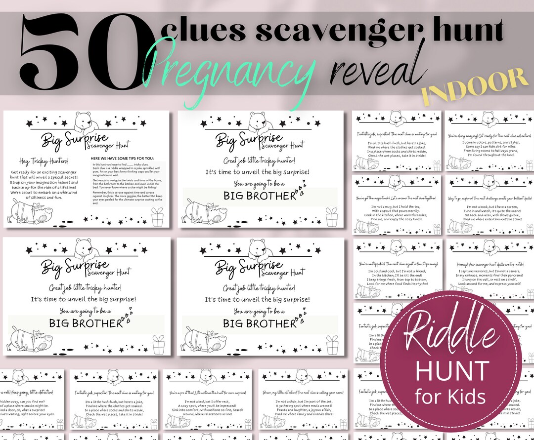 Pregnancy Reveal Indoor Scavenger Hunt for Siblings, Treasure Hunt Clue ...