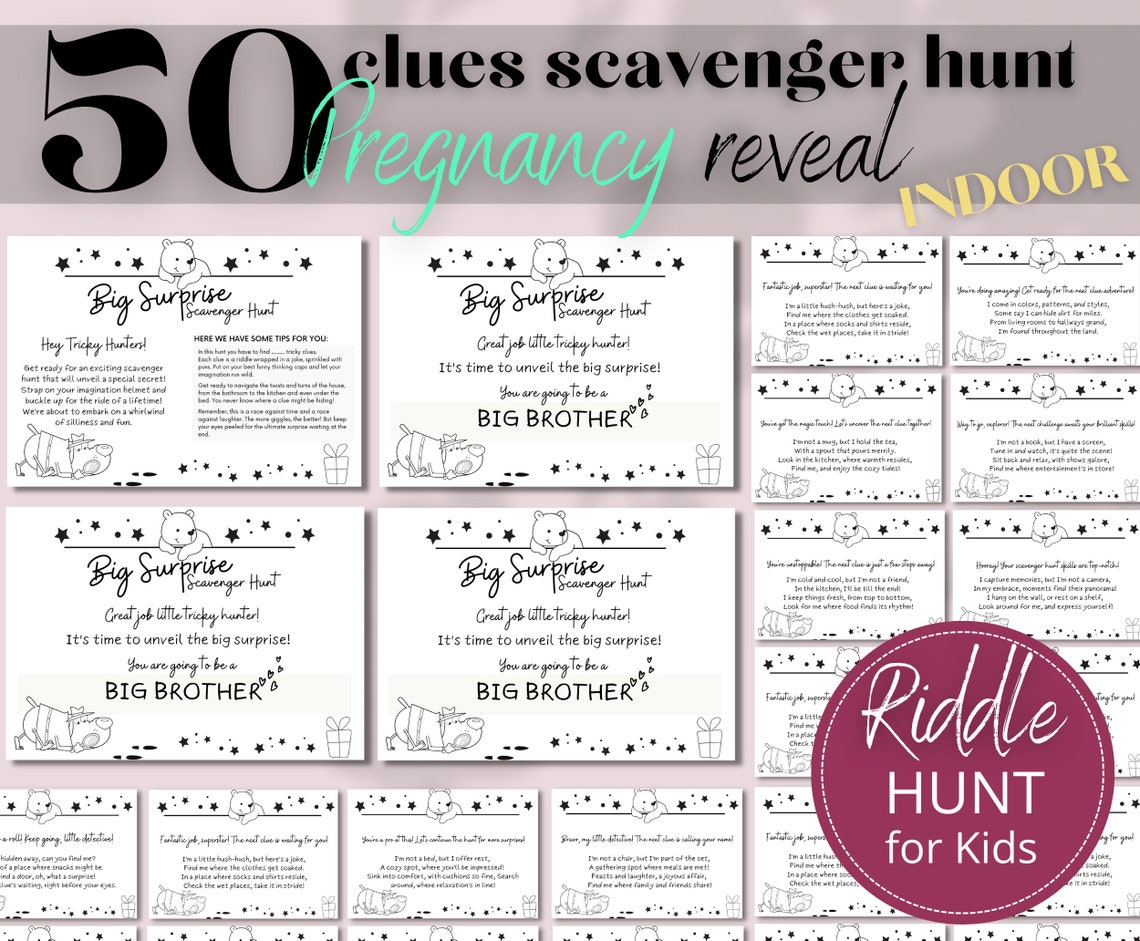 Pregnancy Reveal Indoor Scavenger Hunt for Siblings, Treasure Hunt Clue ...