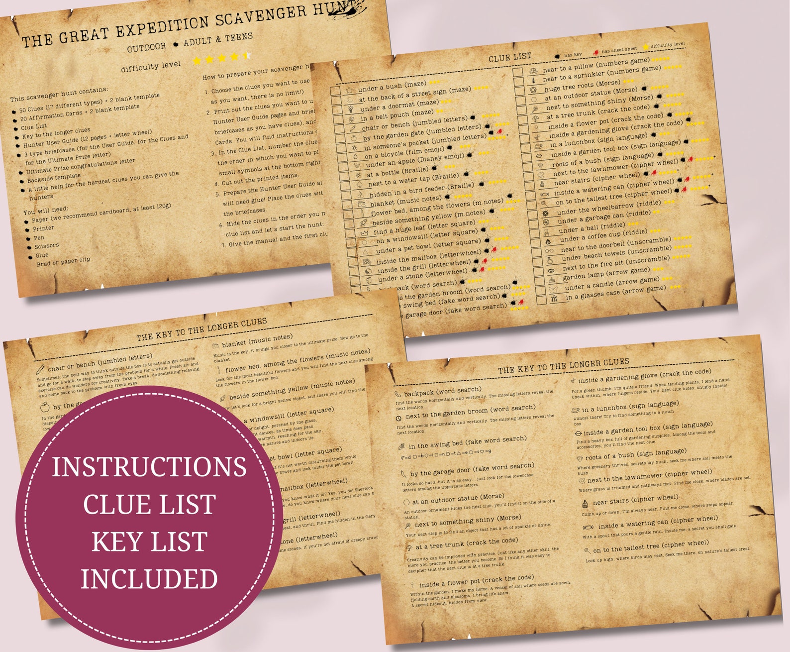 50 Clue Adult Outdoor "the Great Expedition" Scavenger Hunt, Instant ...