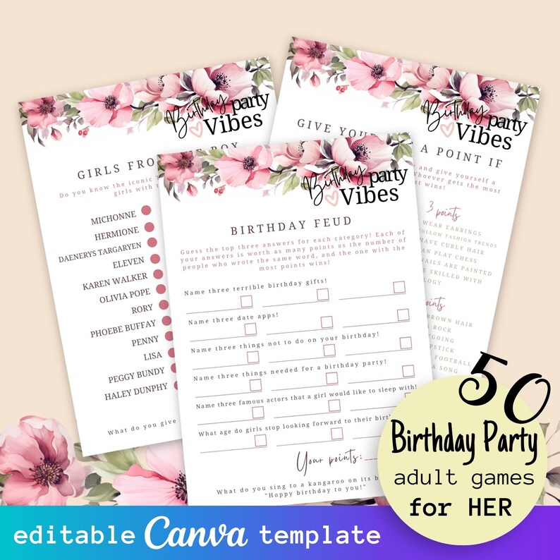 50pc Adult Birthday Party Games Bundle for Girls, Printable Games for ...
