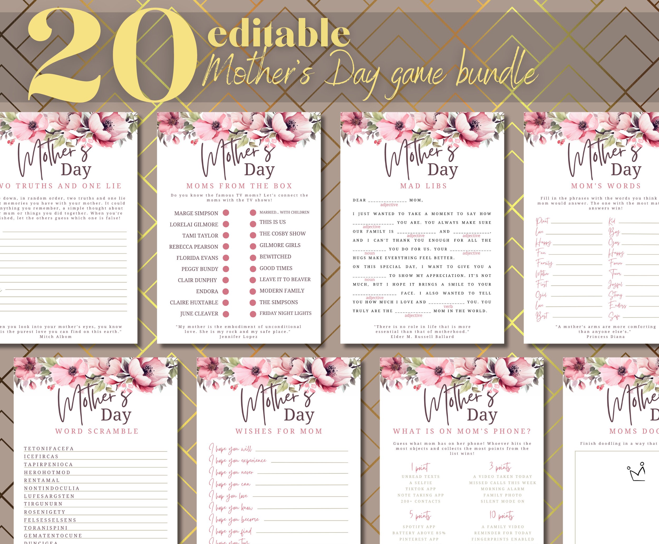 20pc Ultimate Floral Mother's Day Games Bundle Mothers - Etsy