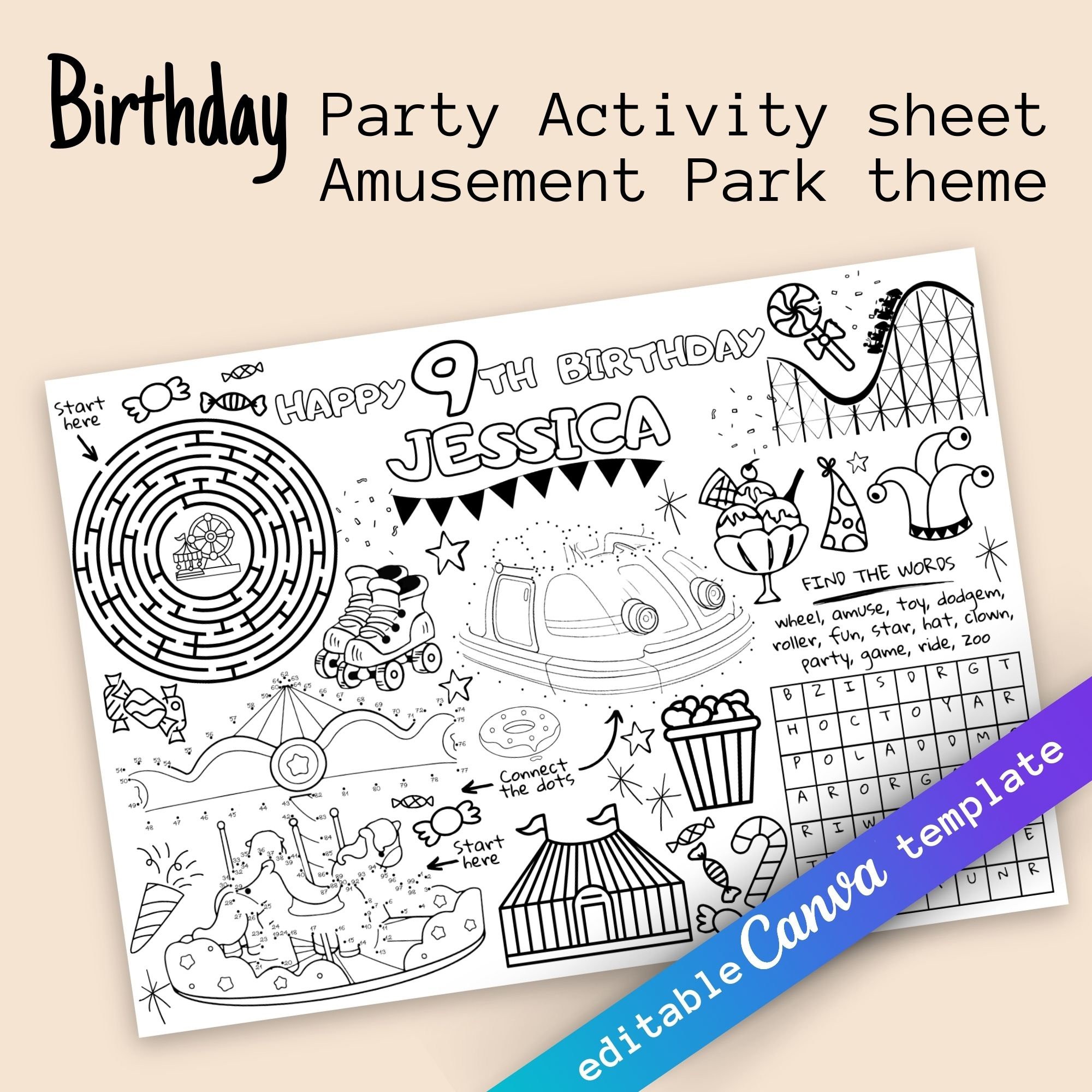 EDITABLE Kids Party Amusement Park Themed Activity Sheet, Personalized ...