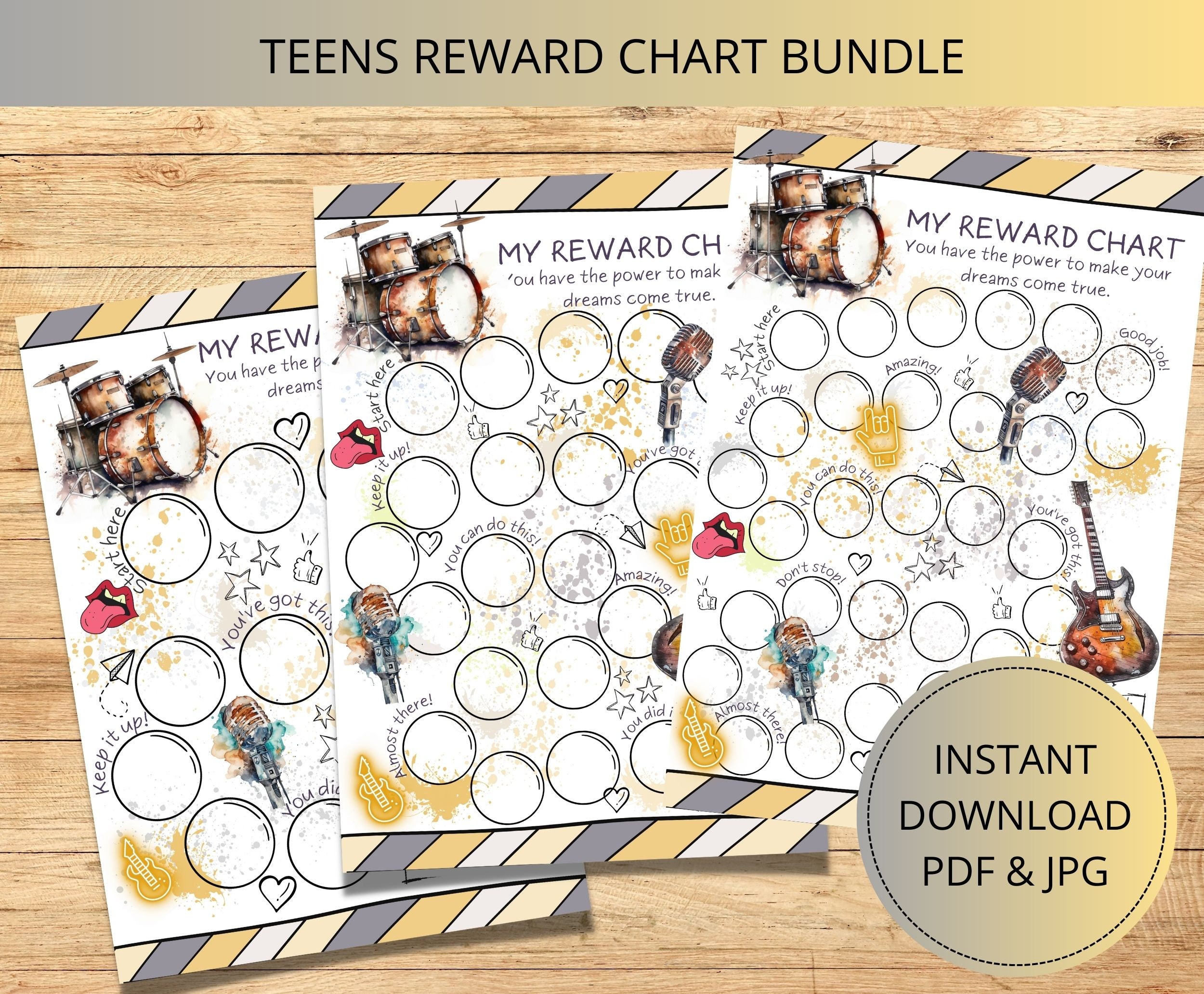 Printable Teen Rock Music Reward Chart, Kids Behavior Core Chart PDF ...