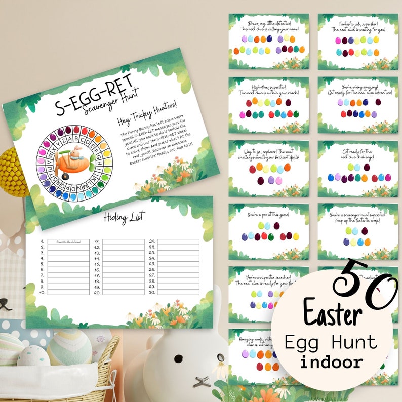 S-EGG-RET Printable Kids Indoor 50 Clue Easter Egg Scavenger Hunt ...
