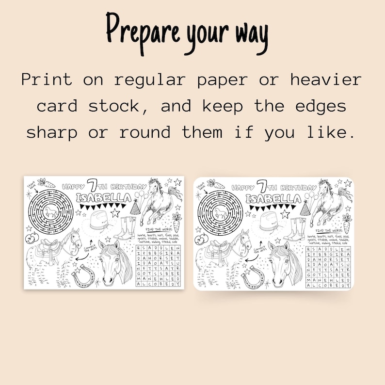 EDITABLE Kids Party Horse Themed Activity Sheet, Personalized Birthday ...