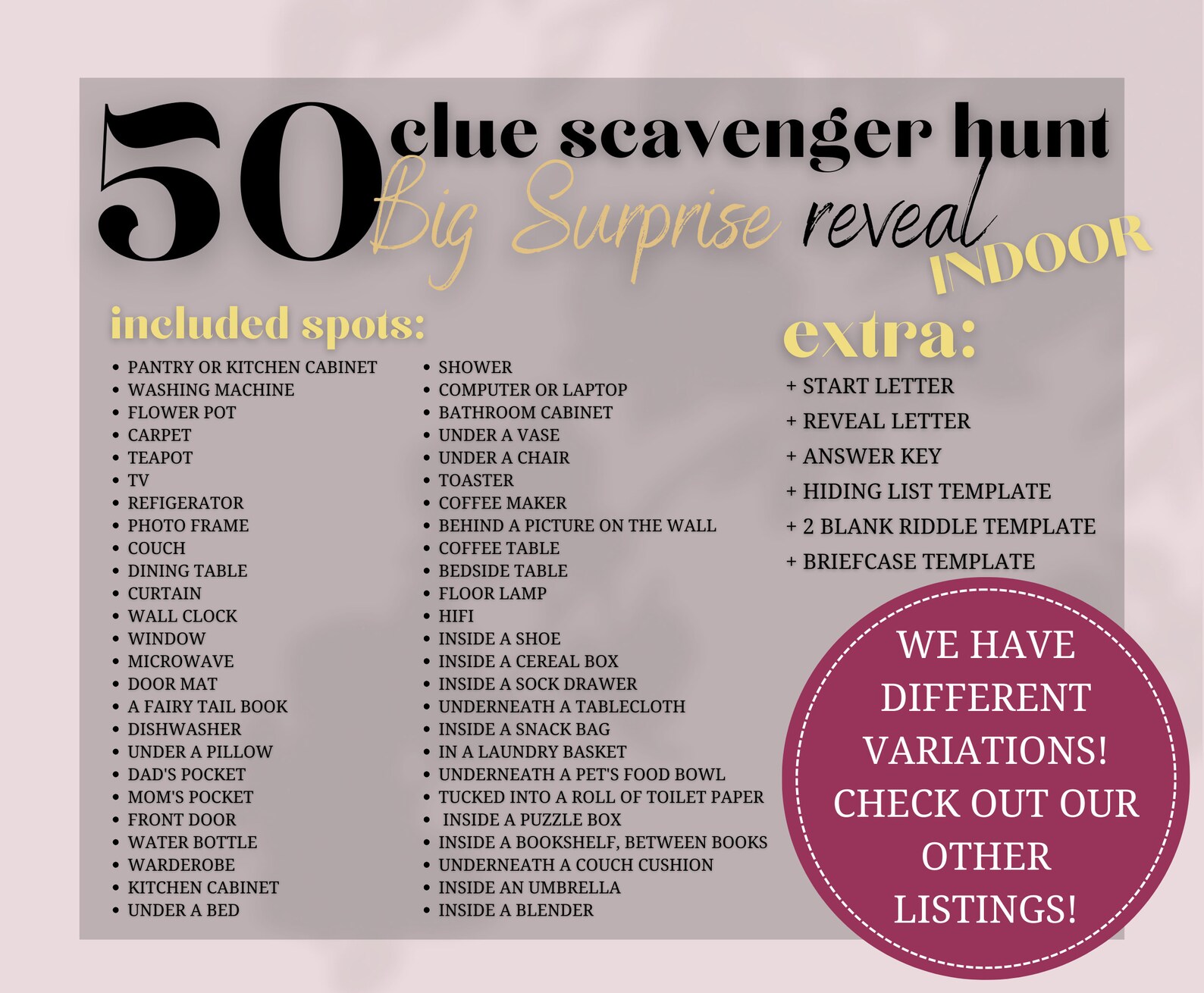 50 Clue Surprise Reveal Indoor Riddle Scavenger Hunt for Siblings ...