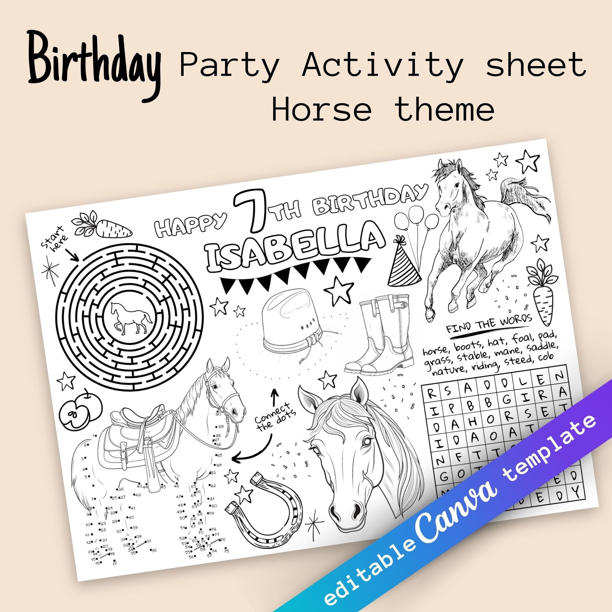EDITABLE Kids Party Horse Themed Activity Sheet, Personalized Birthday ...