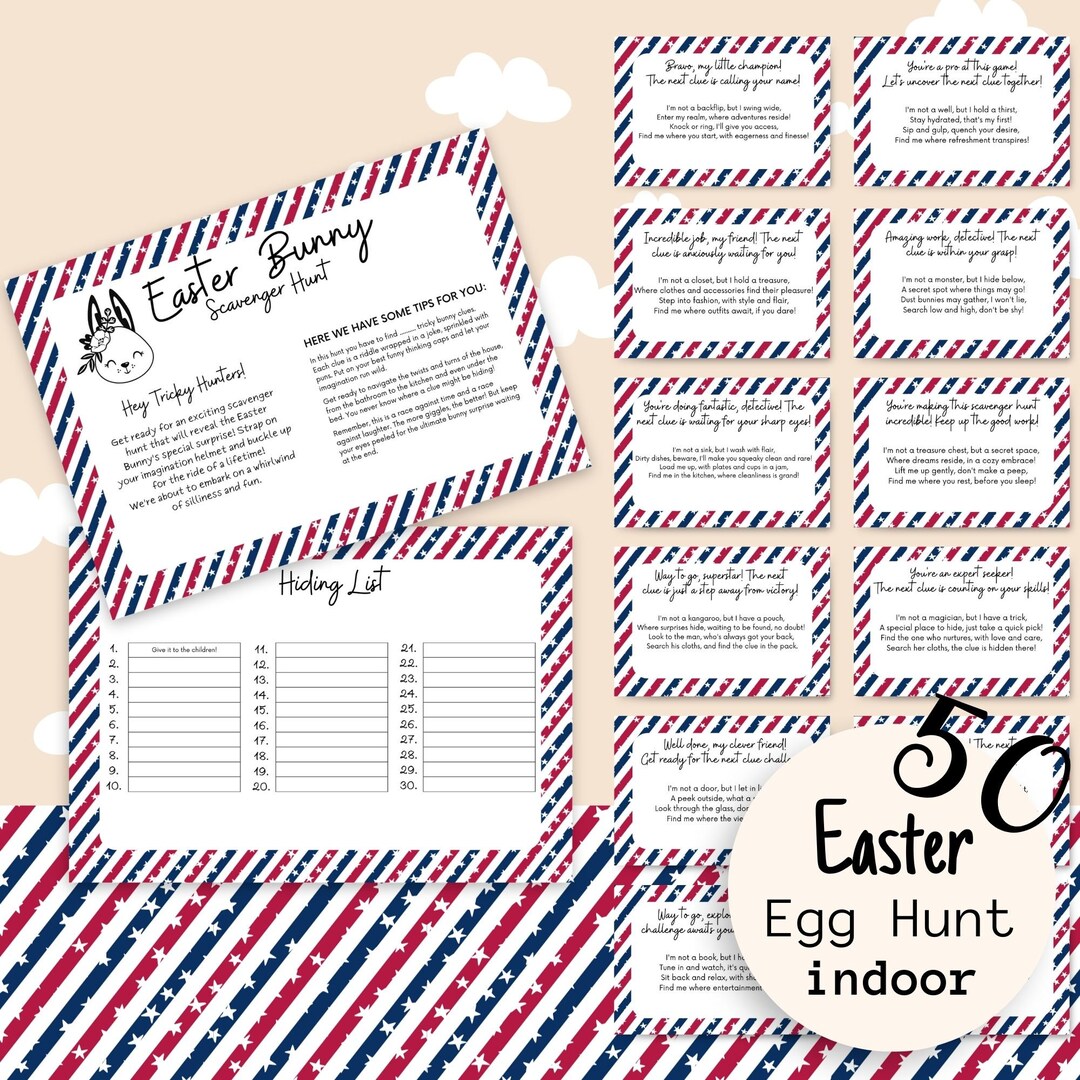 Printable Kids Indoor 50 Clue Easter Riddle Scavenger Hunt, Instant ...
