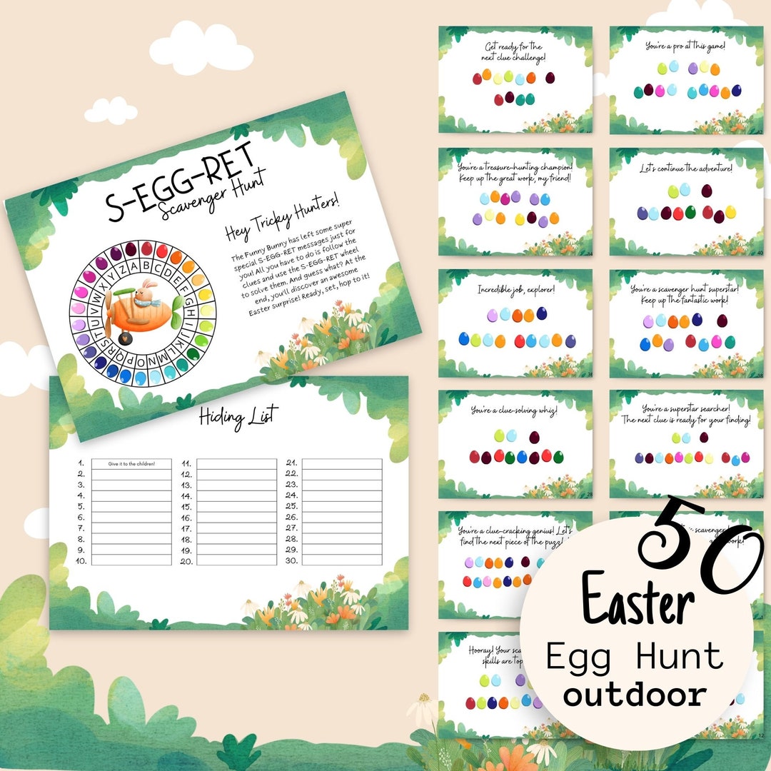 S-EGG-RET Printable Kids Outdoor 50 Clue Easter Egg Scavenger Hunt ...