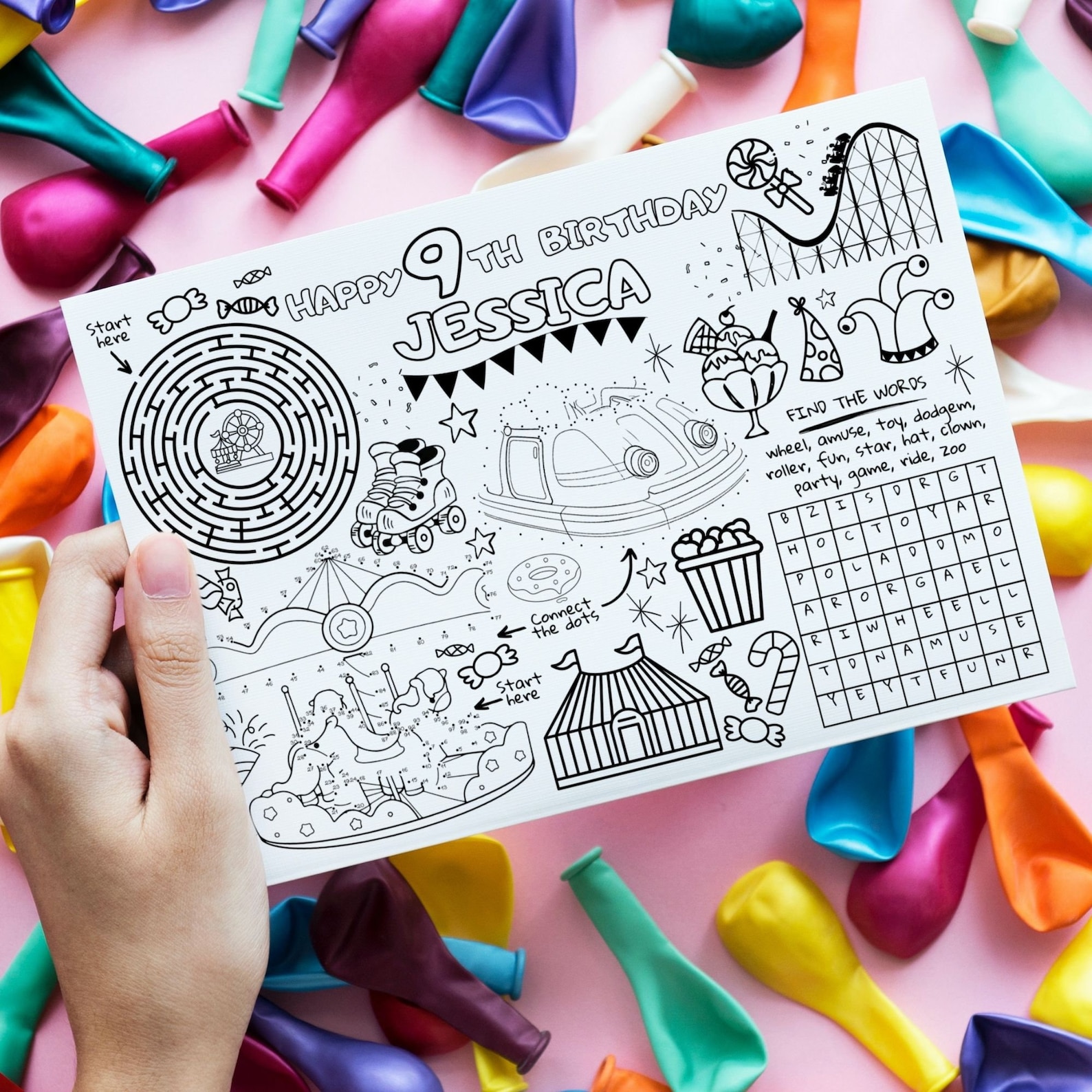 EDITABLE Kids Party Amusement Park Themed Activity Sheet, Personalized ...