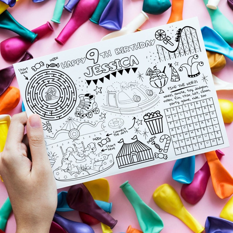 EDITABLE Kids Party Amusement Park Themed Activity Sheet, Personalized ...