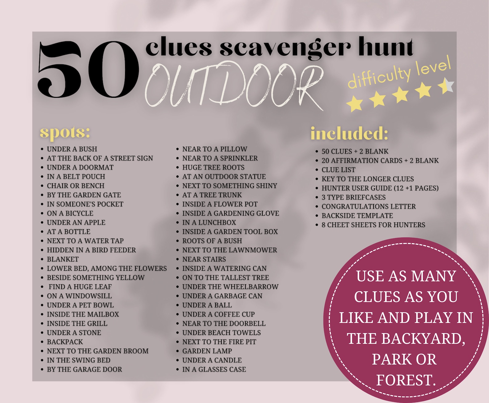 50 Clue Adult Outdoor Scavenger Hunt, Instant Download Tricky Backyard ...