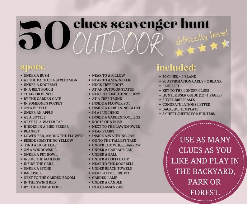 50 Clue Adult Outdoor Scavenger Hunt, Instant Download Tricky Backyard ...