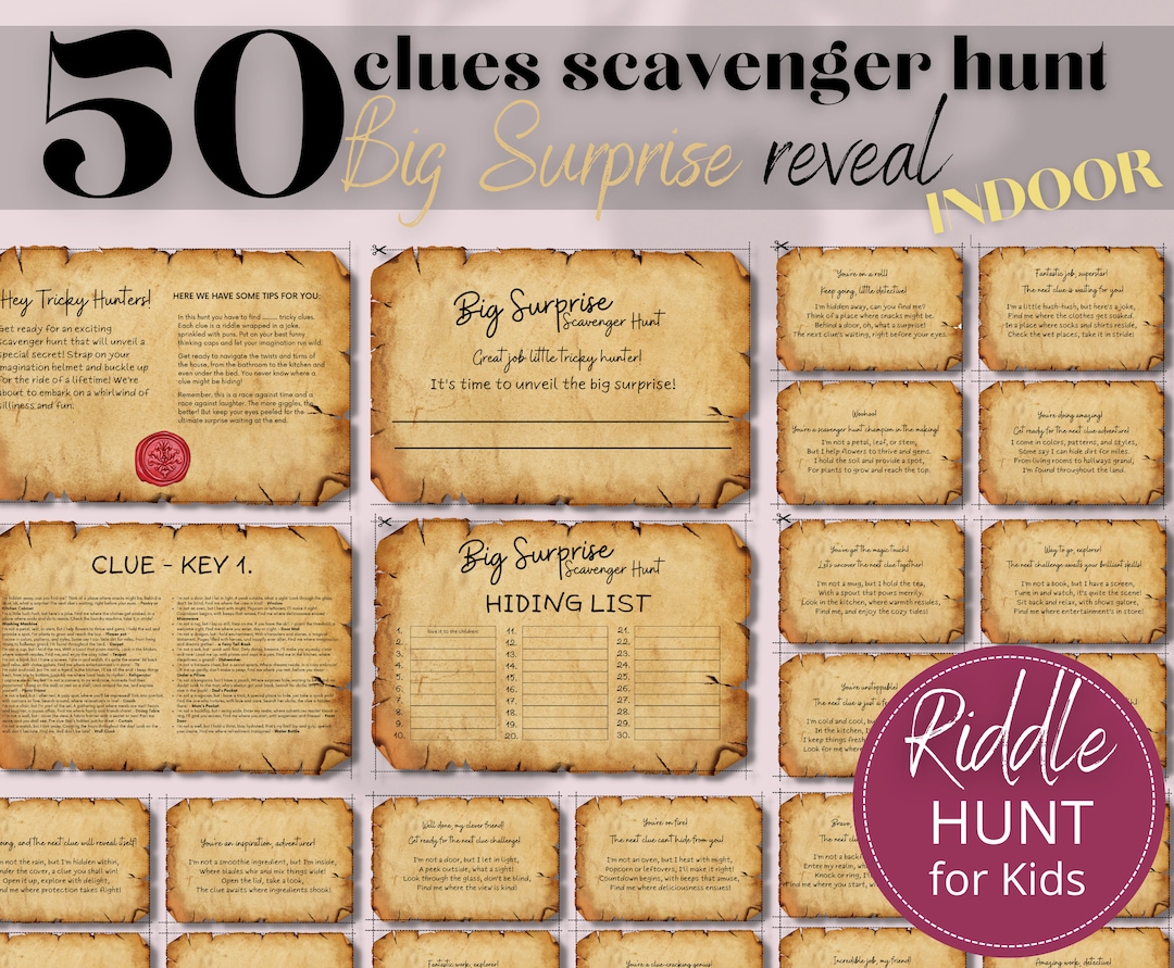 50 Clue Surprise Reveal Indoor Riddle Scavenger Hunt for Siblings, Treasure Hunt Clue Game for ...