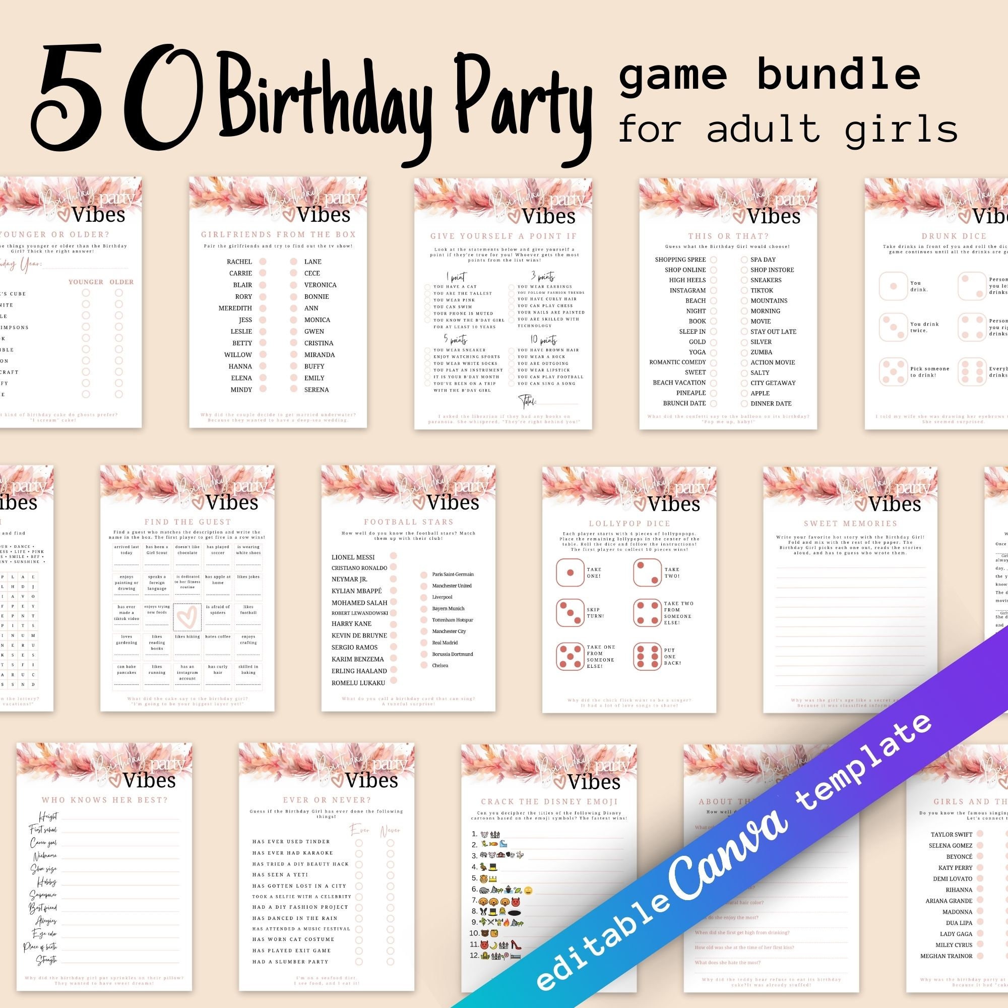 50pc Adult Birthday Party Games Bundle for Girls, Printable Games for ...
