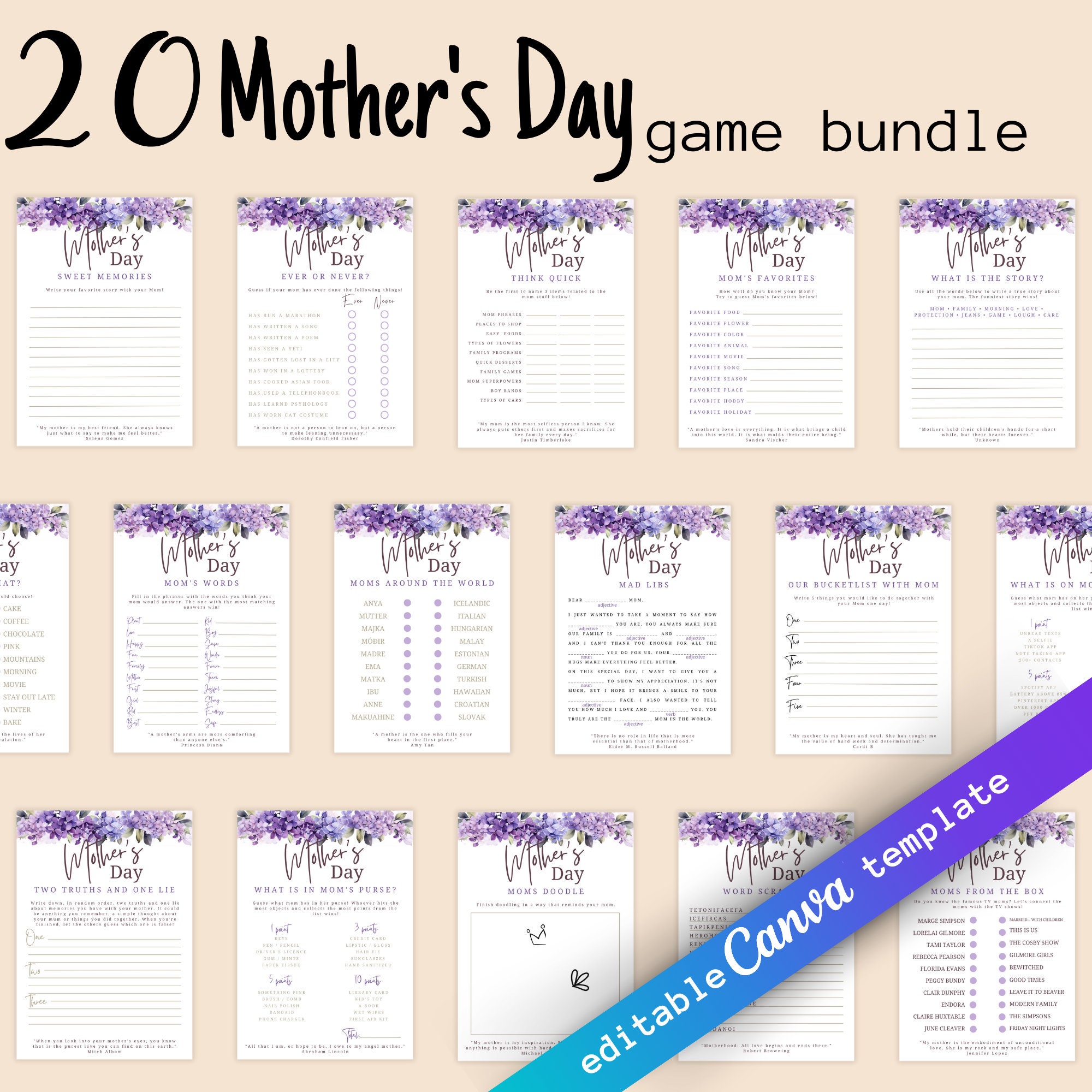 20pc Ultimate Floral Mother's Day Games Bundle, Mothers Day Boho ...