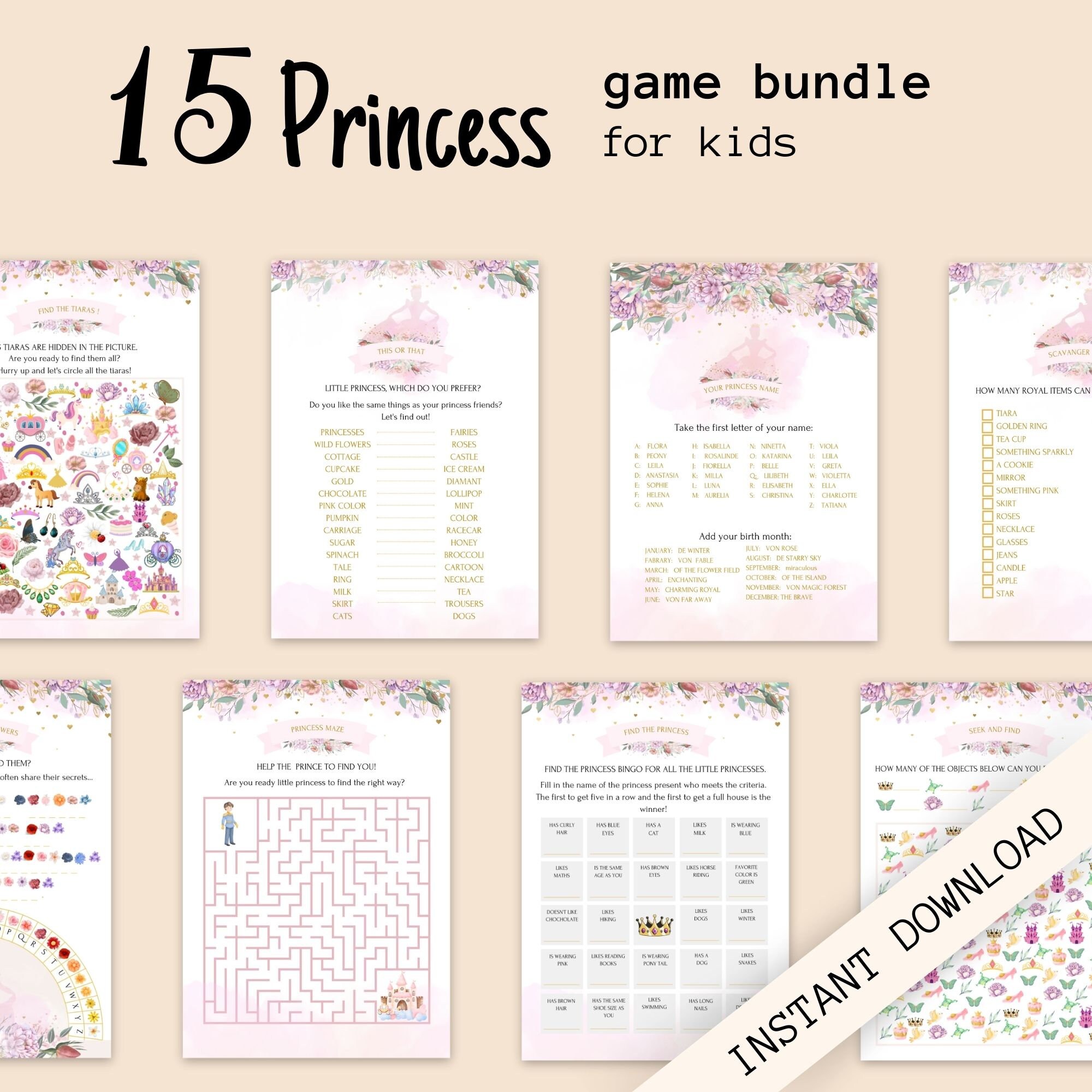 Princesses Party Game, 15 Printable Games for Girls, Little Girls ...