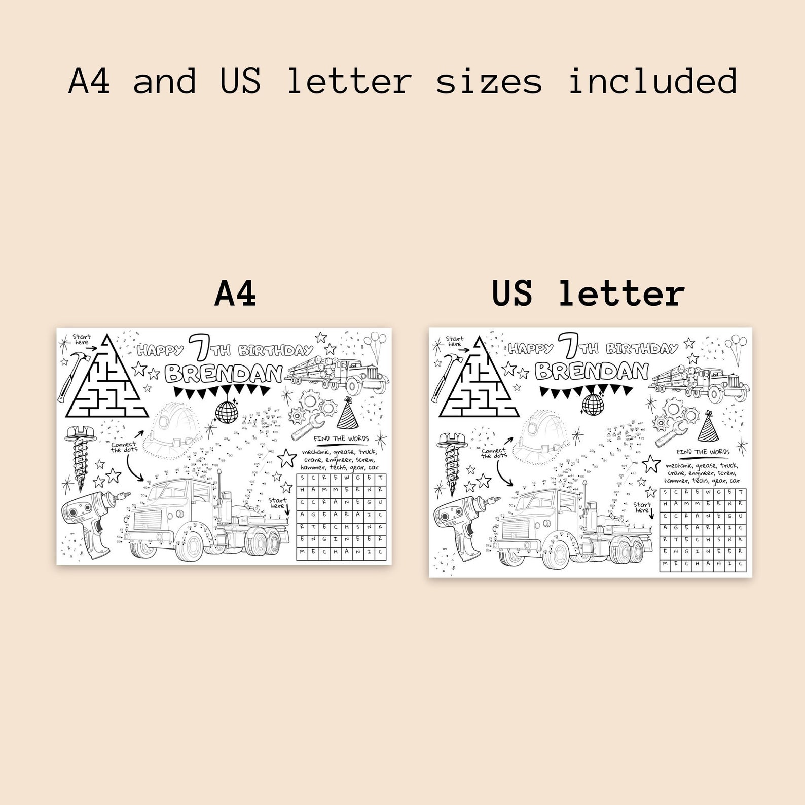 EDITABLE Kids Party Consturction Themed Activity Sheet, Personalized ...