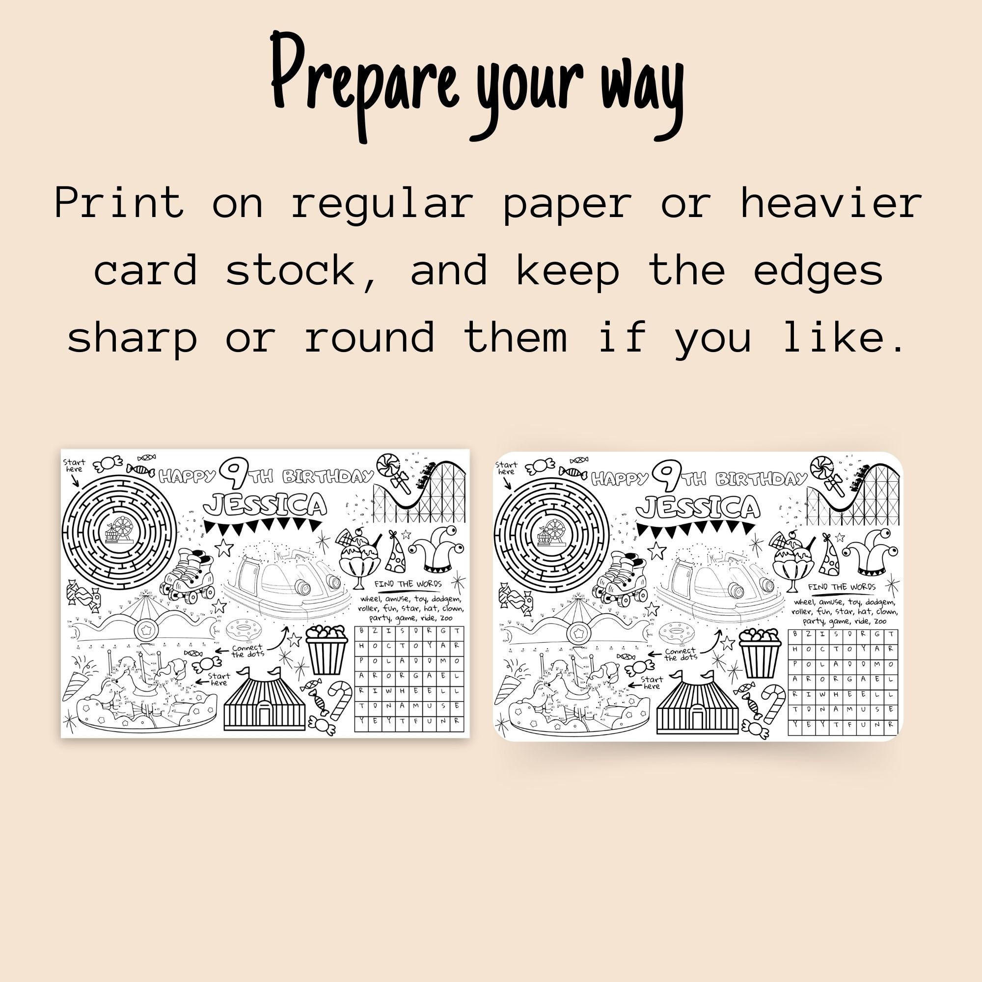 EDITABLE Kids Party Amusement Park Themed Activity Sheet, Personalized ...