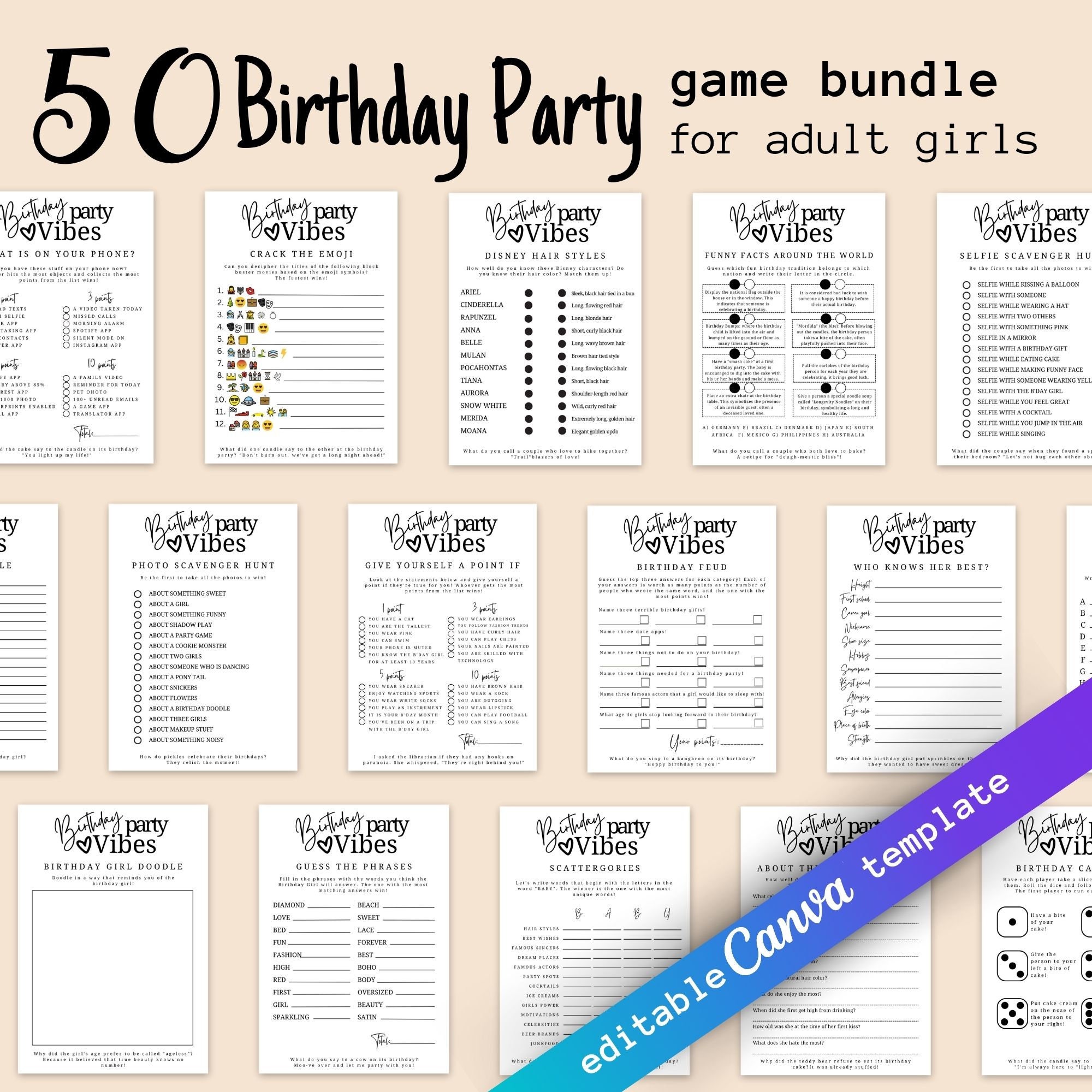 50pc Adult Birthday Party Games Bundle for Girls, Printable Games for ...