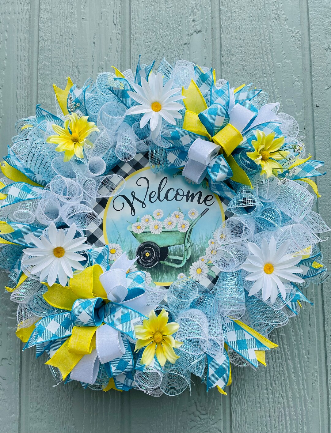 Blue and White Daisy Deco Mesh Wreath, Country Farmhouse Welcome Sign ...