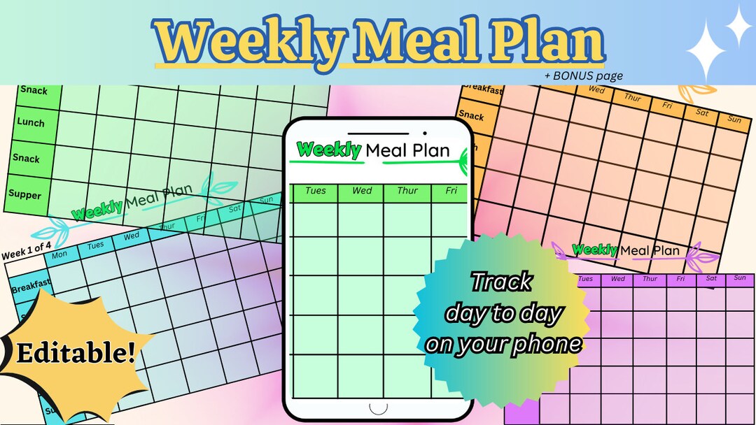Digital Meal Planner, Colorful Weekly Meal Planner, iPad Meal Plan ...