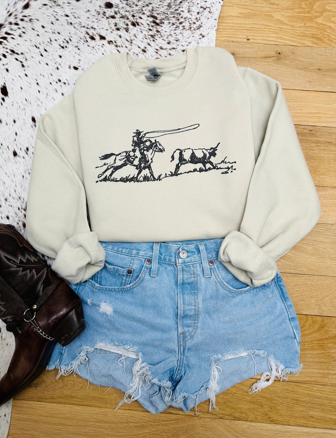 Cowboy Roping Western Sweatshirt, Cowgirl Graphic Crewneck Sweater ...