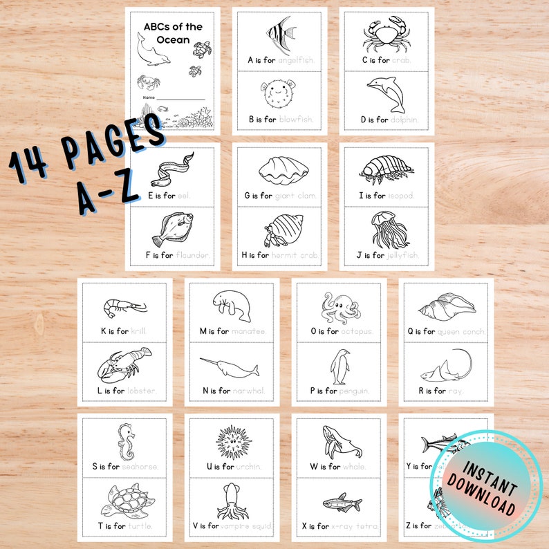 Printable Ocean Alphabet Book Handwriting ABC Coloring Pages - Etsy