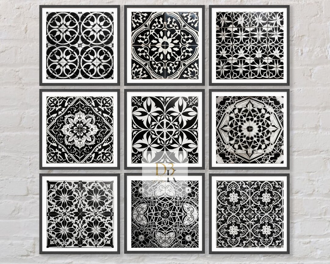 Moroccan Tile Prints, Set of 9, Digital Print Set, Gallery Set, Black ...