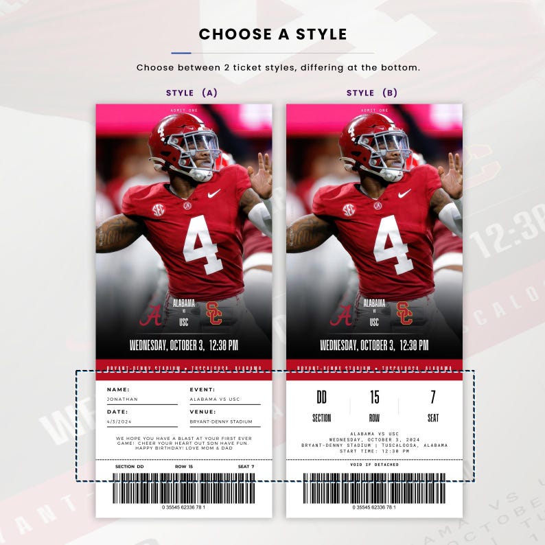 Physical Custom College Football Game Ticket, Personalizable Printed ...
