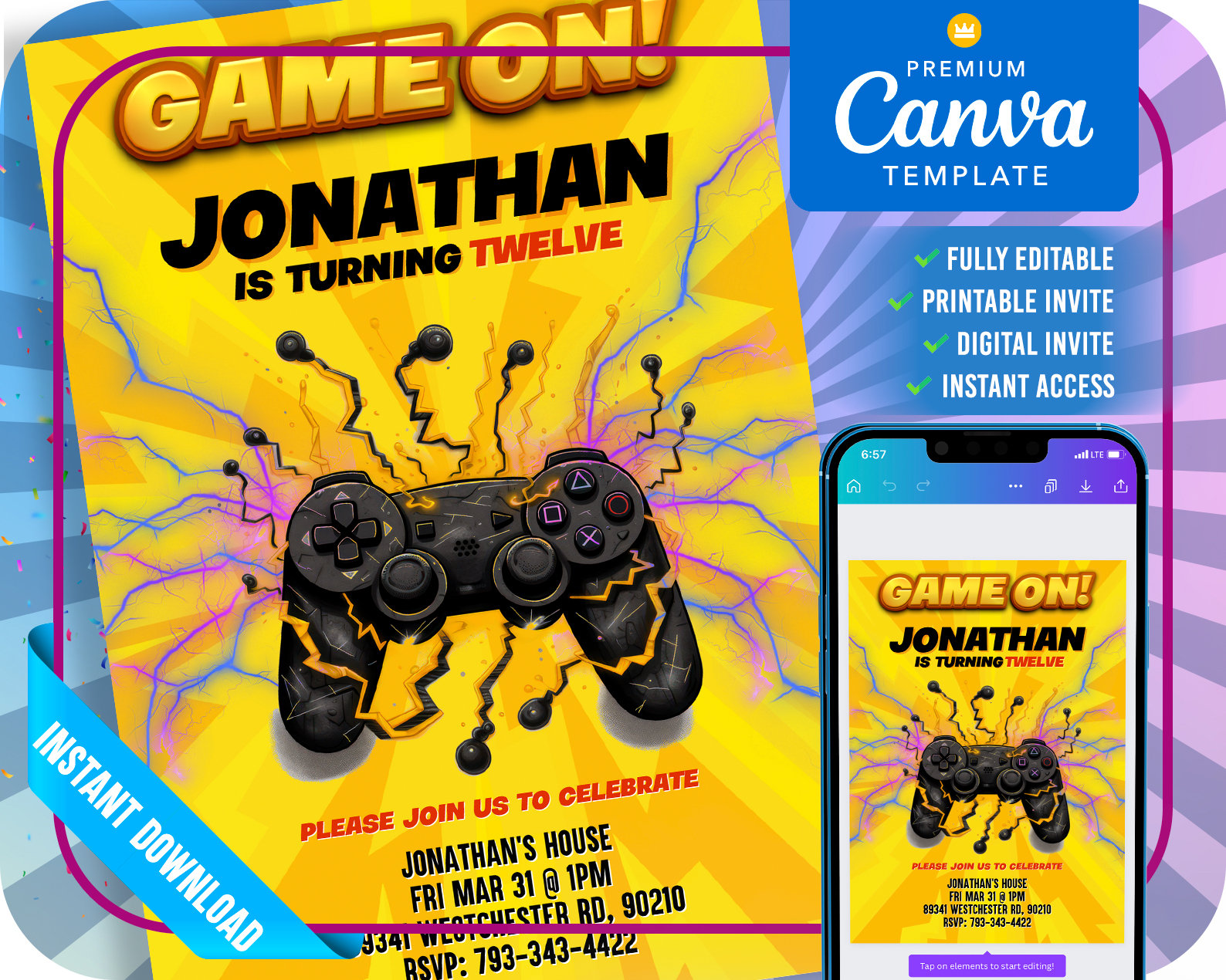 Editable Video Game Birthday Invitation, Printable Gamer Birthday Party ...