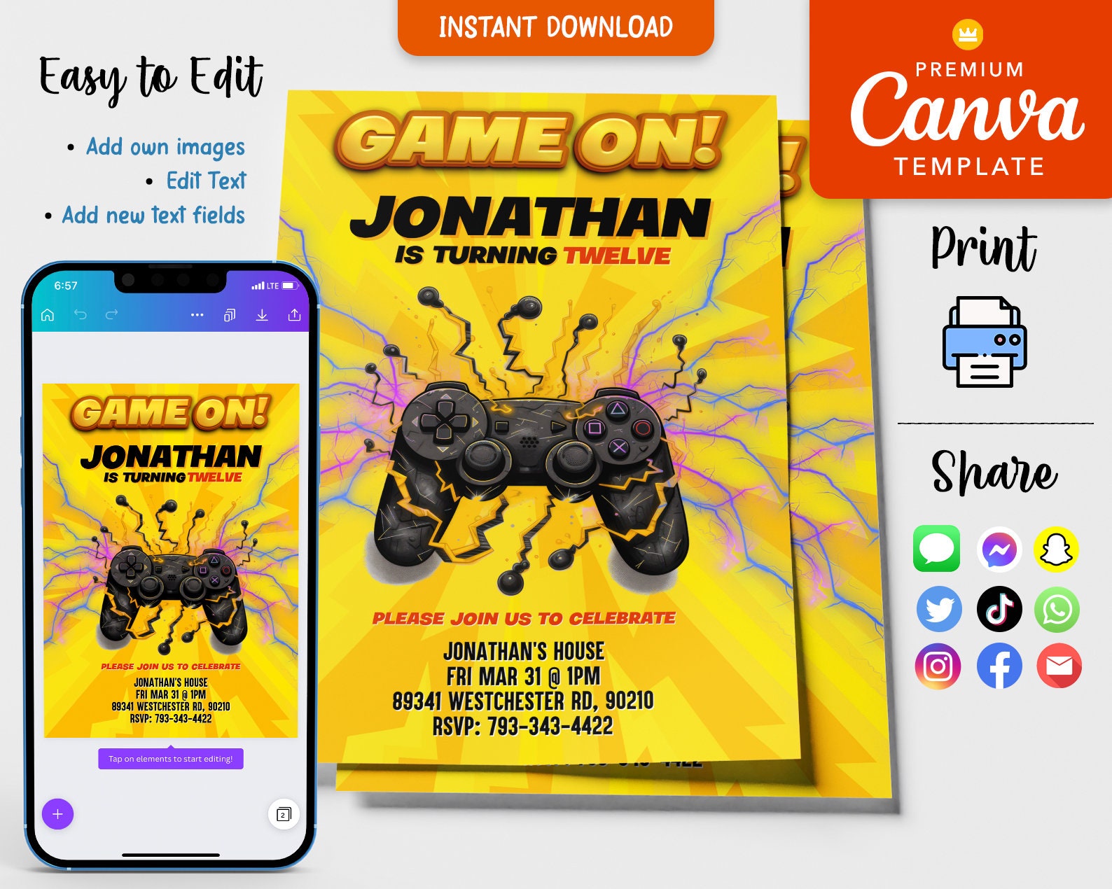 Editable Video Game Birthday Invitation, Printable Gamer Birthday Party ...