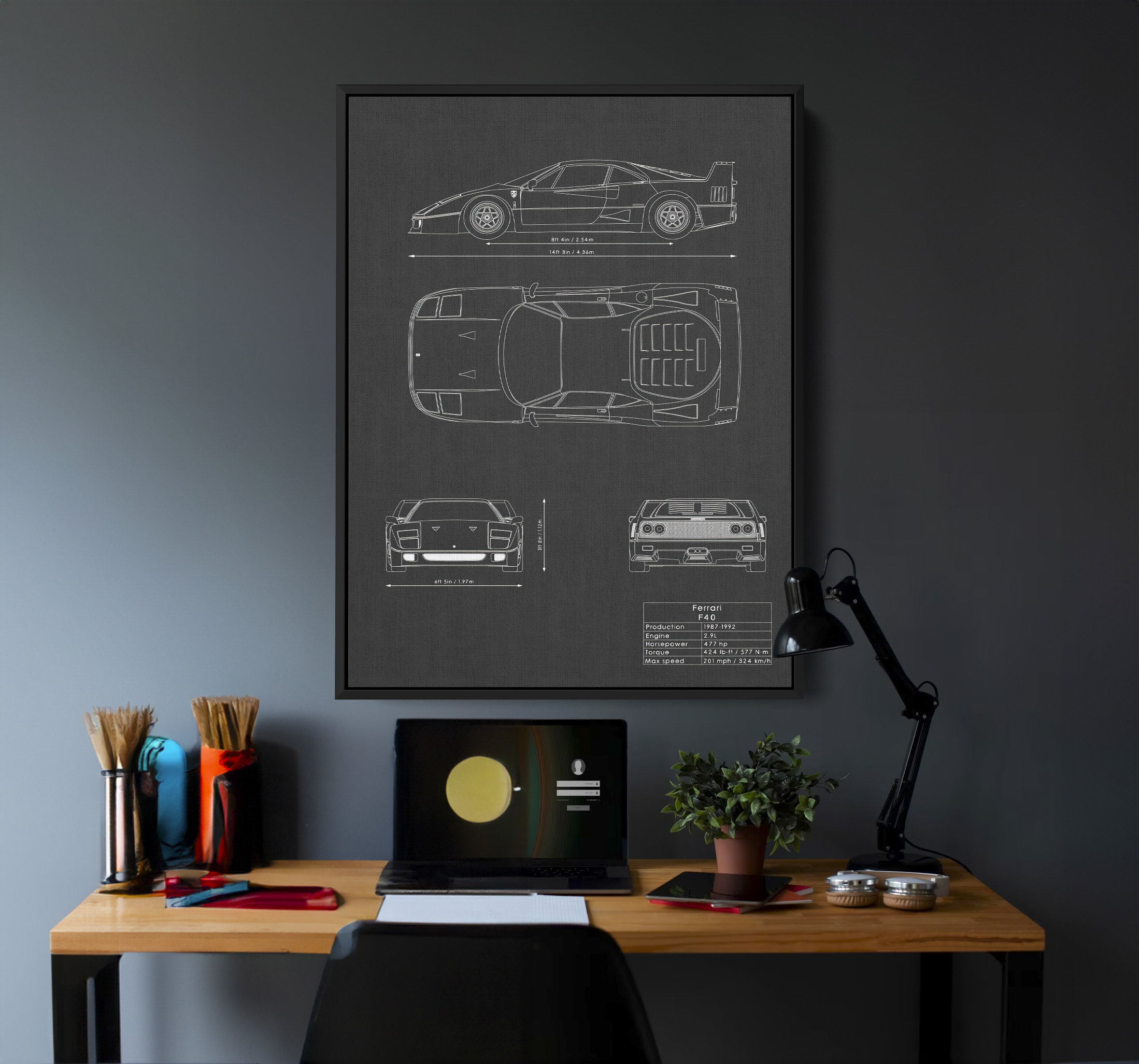Ferrari F40 Blueprint, Ferrari Supersport Vehicle Car Canvas Poster ...