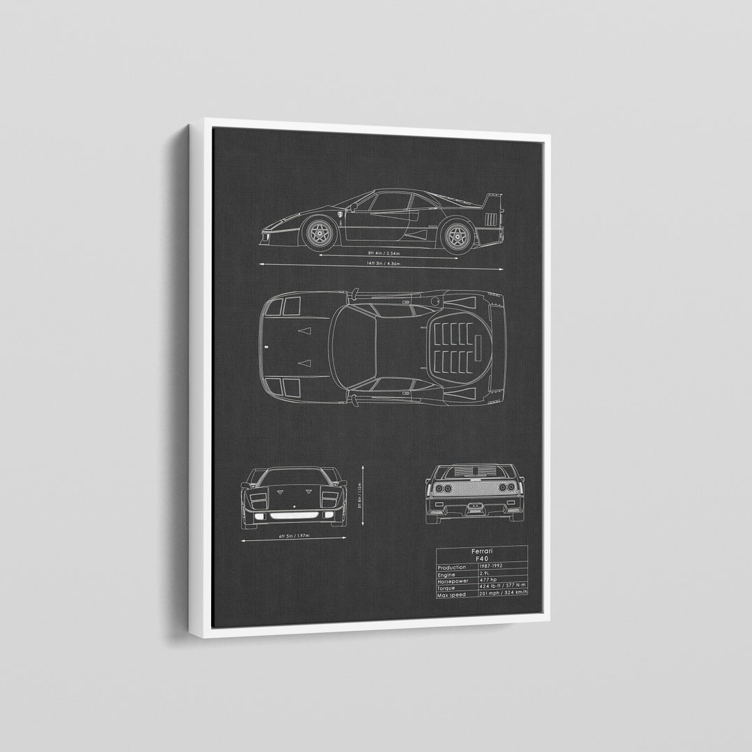 Ferrari F40 Blueprint, Ferrari Supersport Vehicle Car Canvas Poster ...