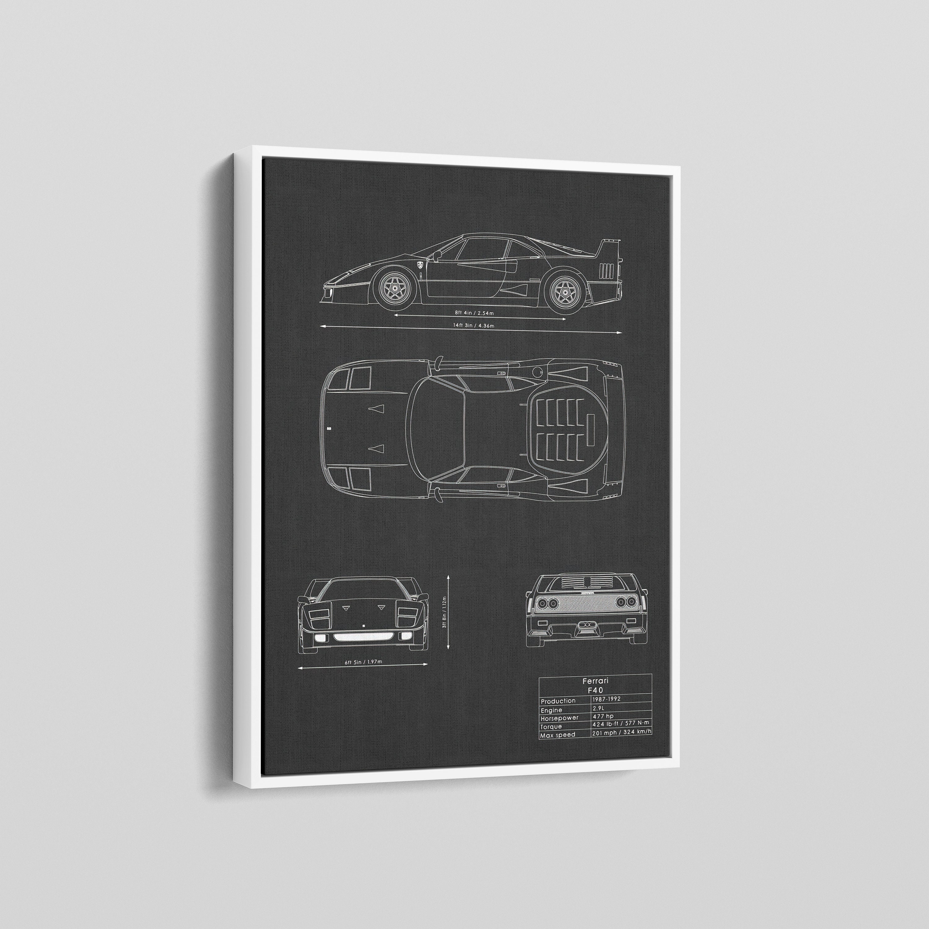 Ferrari F40 Blueprint, Ferrari Supersport Vehicle Car Canvas Poster ...