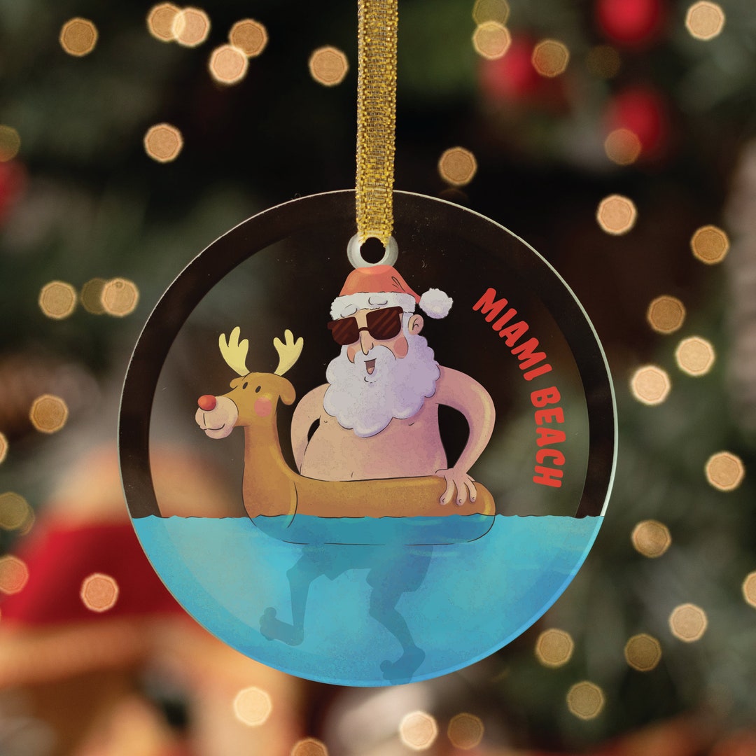 Santa in Reindeer Tube in Ocean Christmas Glass Ornament, Custom ...