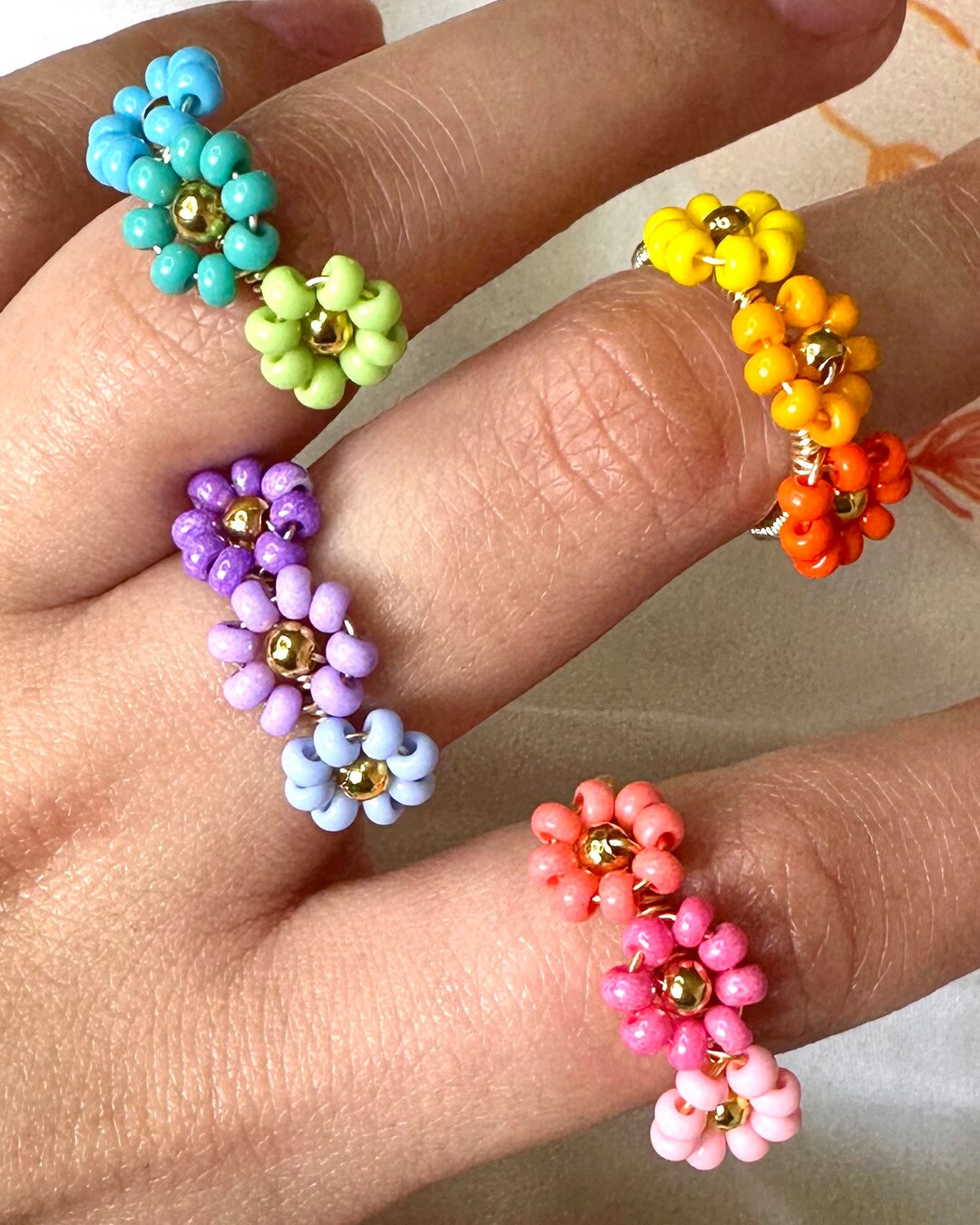 Flowers Rings, Colorful Flower Adjustable Rings, Gold Plated Wire ...
