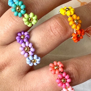 Flowers Rings, Colorful Flower Adjustable Rings, Gold Plated Wire ...