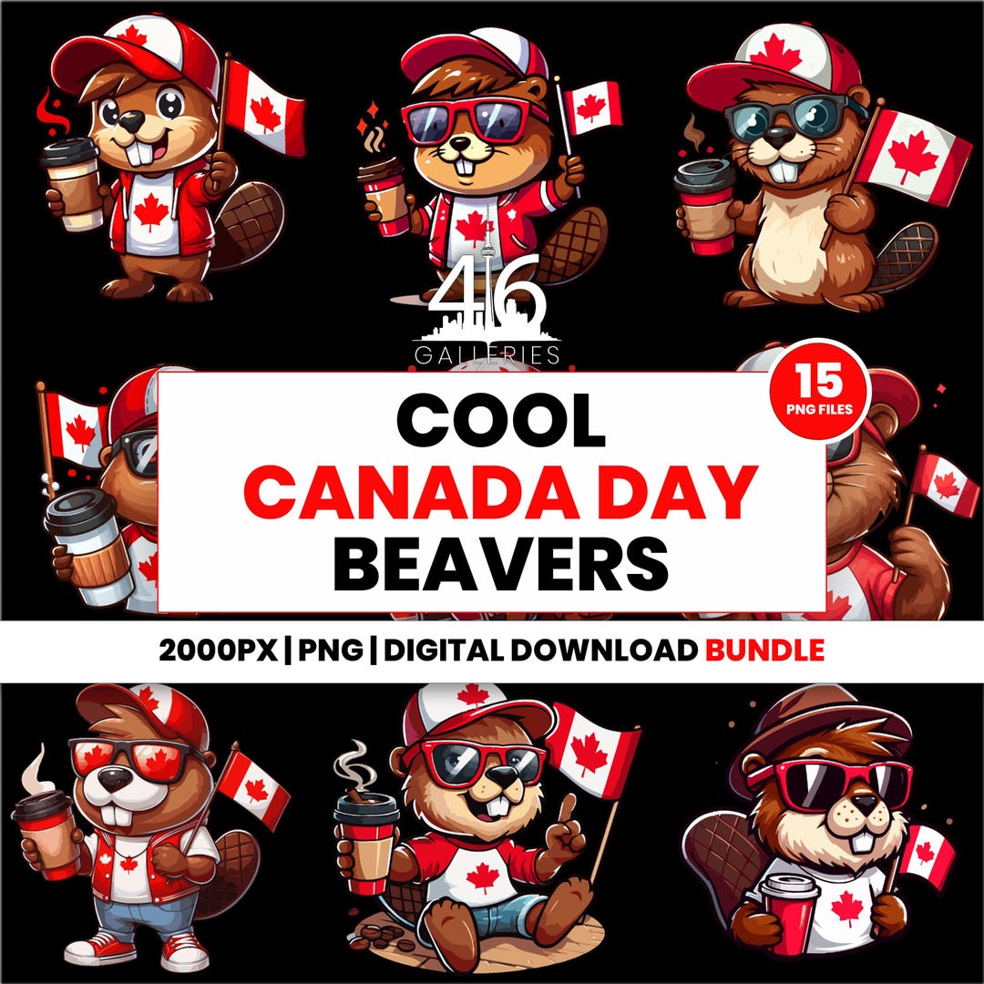 Cool Canada Day Beaver Clipart Bundle | 15 Pngs | Cute Canadian Animals ...