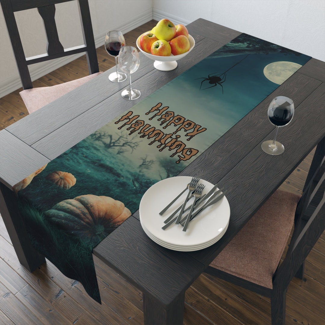 Spooky Halloween Scene Table Runner, Full Moon Spider Pumpkins Decor ...