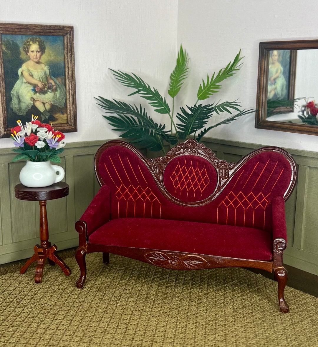 Victorian Settee, Side Table and Flowers – 1:12 Scale Dollhouse Miniature - Etsy